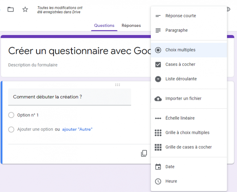 Créer un formulaire Google Forms exemple Questionnaire